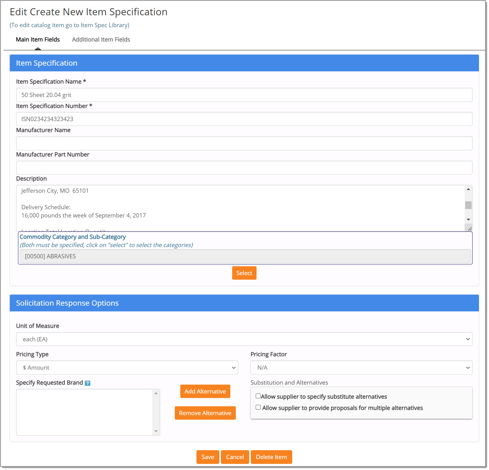 Manage Solicitation Item Spec Library